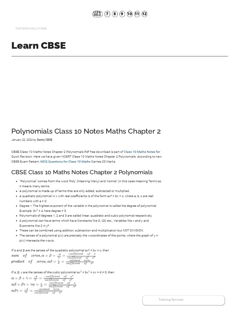 Polynomials Class 10 Notes Maths Chapter 2 - Learn CBSE | PDF ...