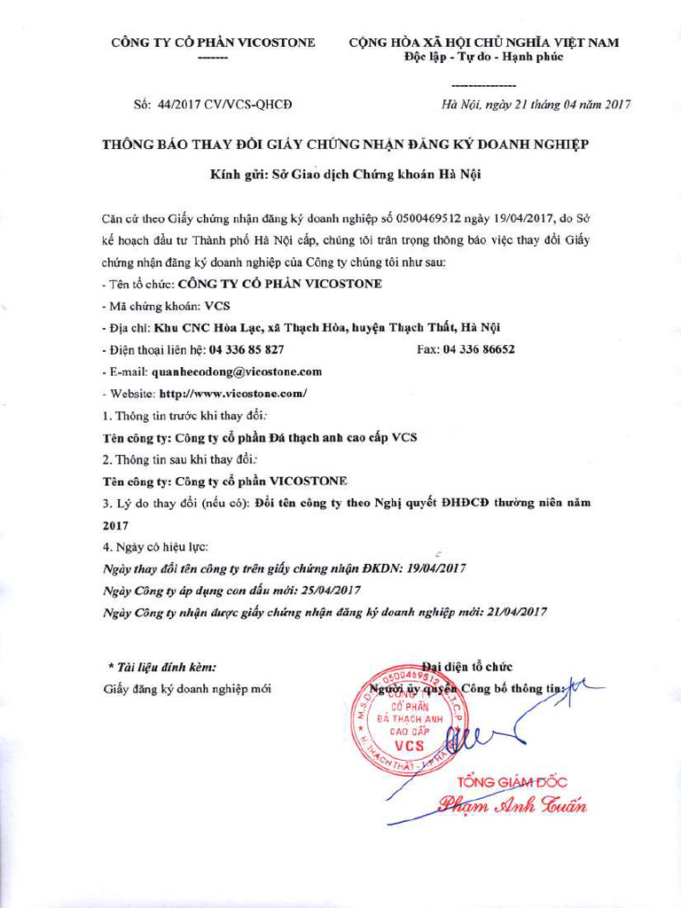 VCS - Thong Bao Doi Giay DKKD | PDF