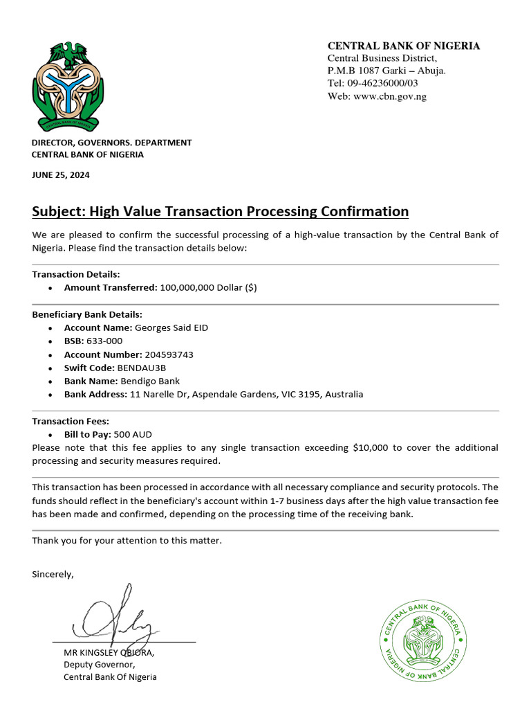 CBN High Value Transaction Processing Confirmation | PDF