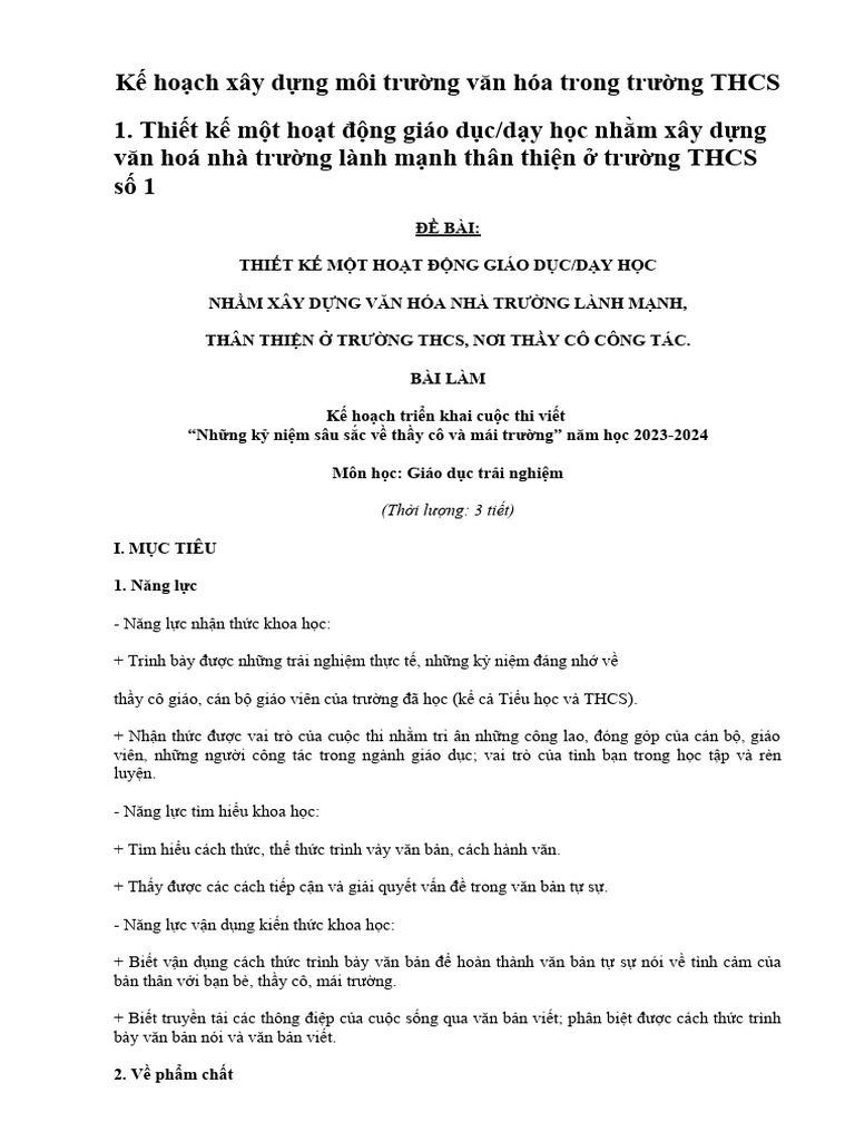Thiet Ke Hoat Dong Giao Duc Xay Dung Van Hoa Nha Truong Lanh Manh Than Thien o Truong Thcs | PDF