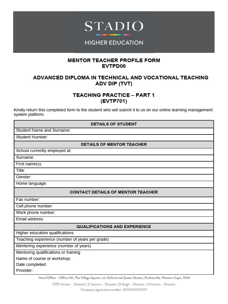 EVTP701 - EVTPD06 Mentor Teacher Profile Form (1) | PDF | Teachers ...