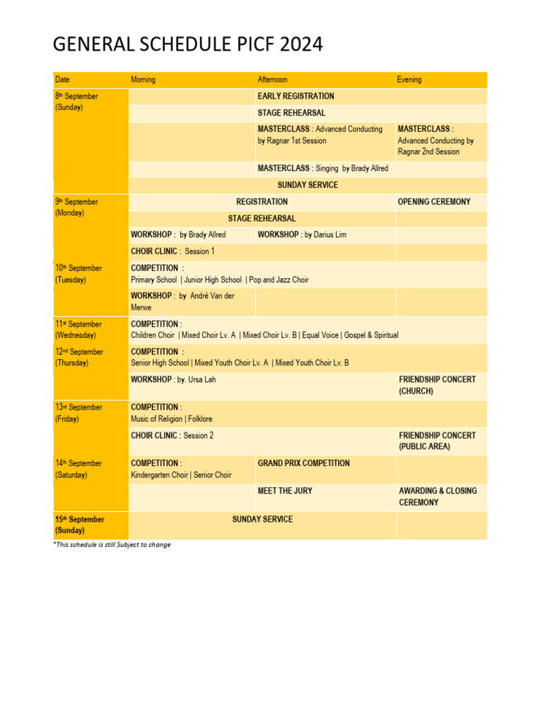 PICF 2024 General Schedule | PDF | Choir