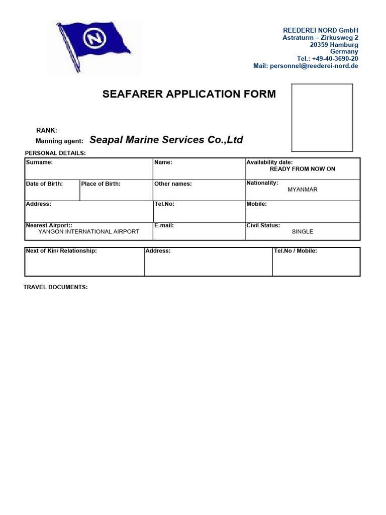 Nord Seafarer Application Form | PDF | Sailor | Water Transport