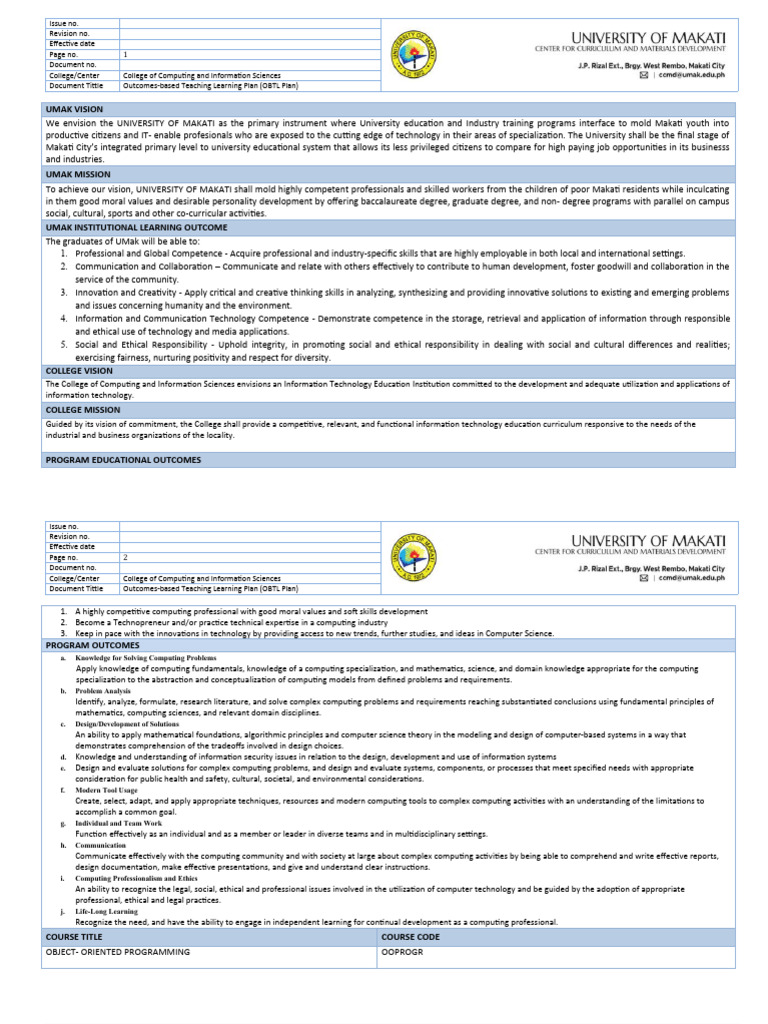 OOP Learning Plan for UMak Students | PDF | Method (Computer Programming) | Object Oriented ...