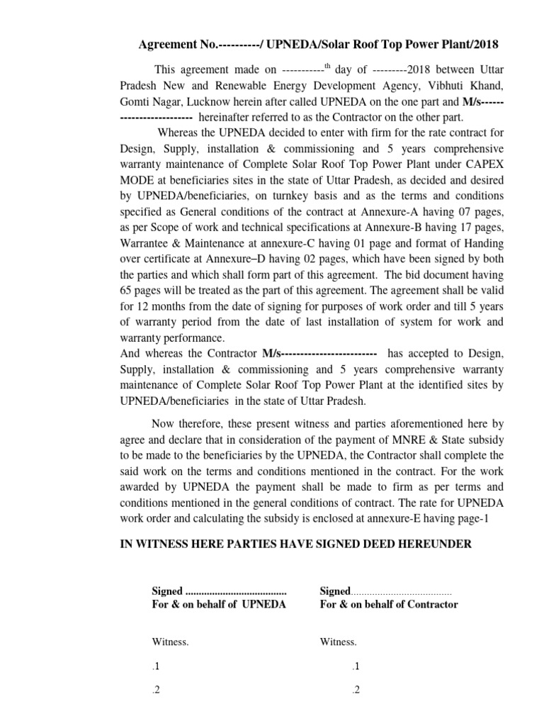 Agreement Signed With Upneda and Contractor Firm | PDF | Solar Panel ...