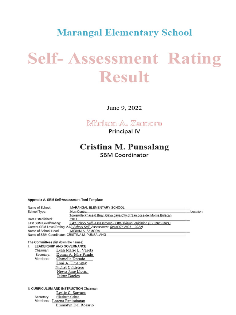 MES SBM Self Assessment Report 2021 2022 1 | PDF | Educational ...