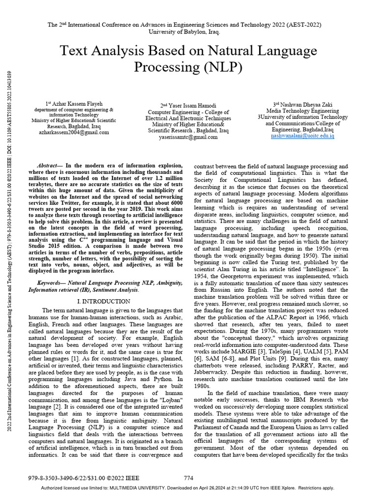 Text Analysis Based On Natural Language Processing NLP | PDF | Semantics | Parsing