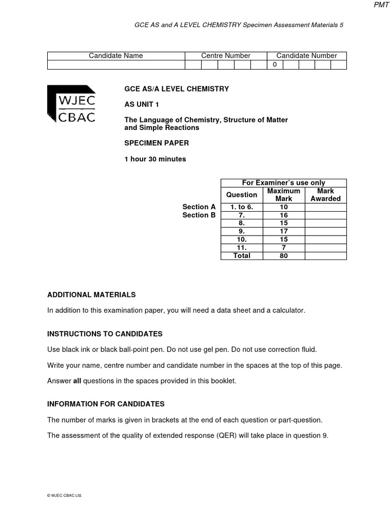 Specimen QP - Unit 1 WJEC Chemistry A-Level | PDF | Sodium Carbonate ...