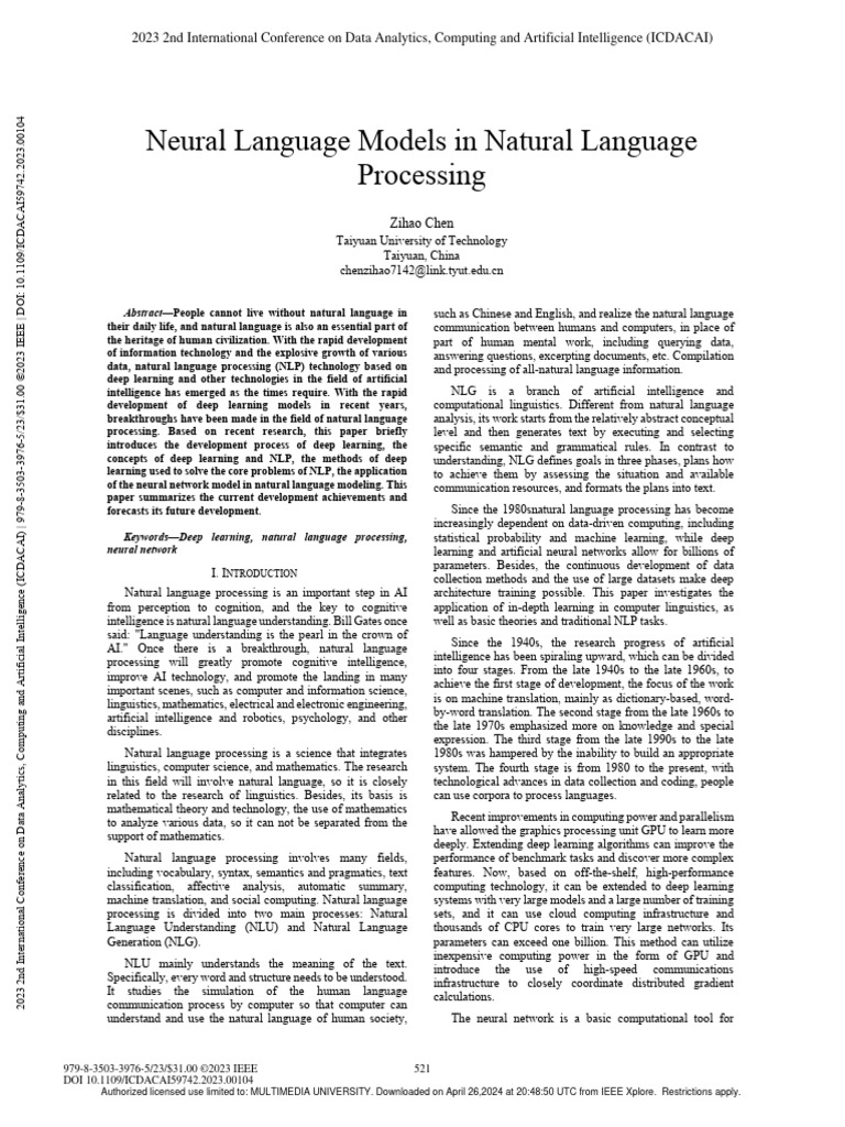 Neural Language Models in Natural Language Processing | PDF ...