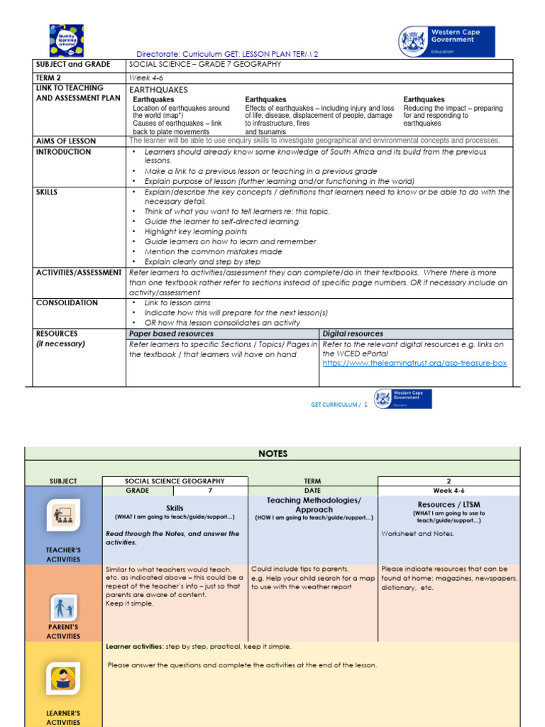 Lesson Plan GR 7 SS Geography T2 W4-6 | PDF | Earthquakes | Learning
