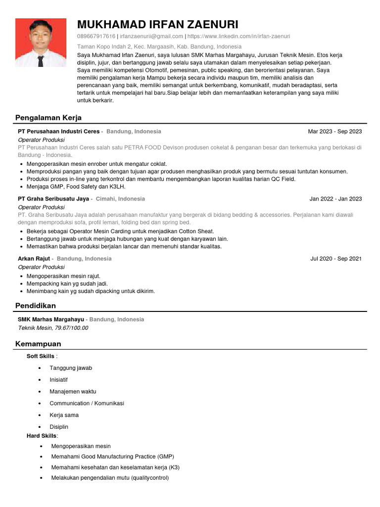 Lamaran Kerja-Mukhamad Irfan Zaenuri | PDF