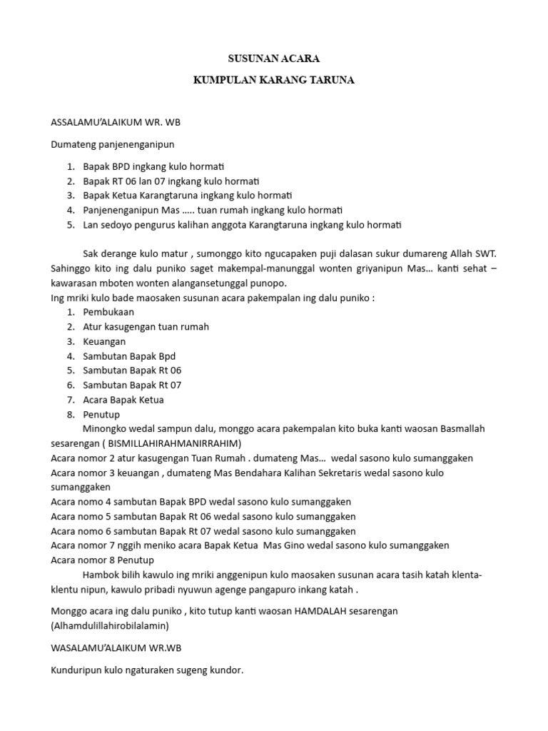 Teks Susunan Acara Karang Taruna | PDF | Memasak, Makanan, & Anggur ...