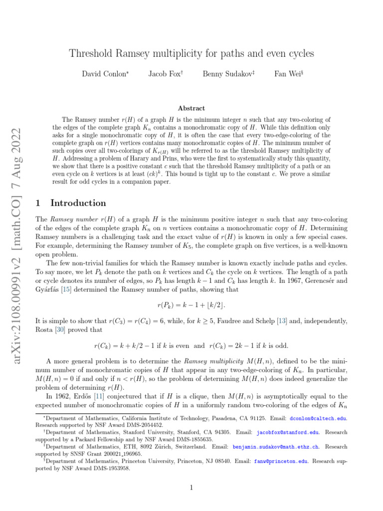 Threshold Ramsey Multiplicity For Paths and Even Cycles: David Conlon ...