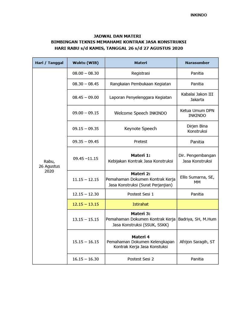 26 - 27 Rundown Bimbingan Teknis Memahami Kontrak Jasa Konstruksi | PDF