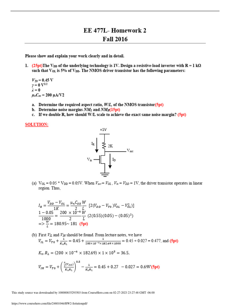 EE 477L-Homework 2 Fall 2016: DD OL DD | PDF | Cmos | Field Effect Transistor