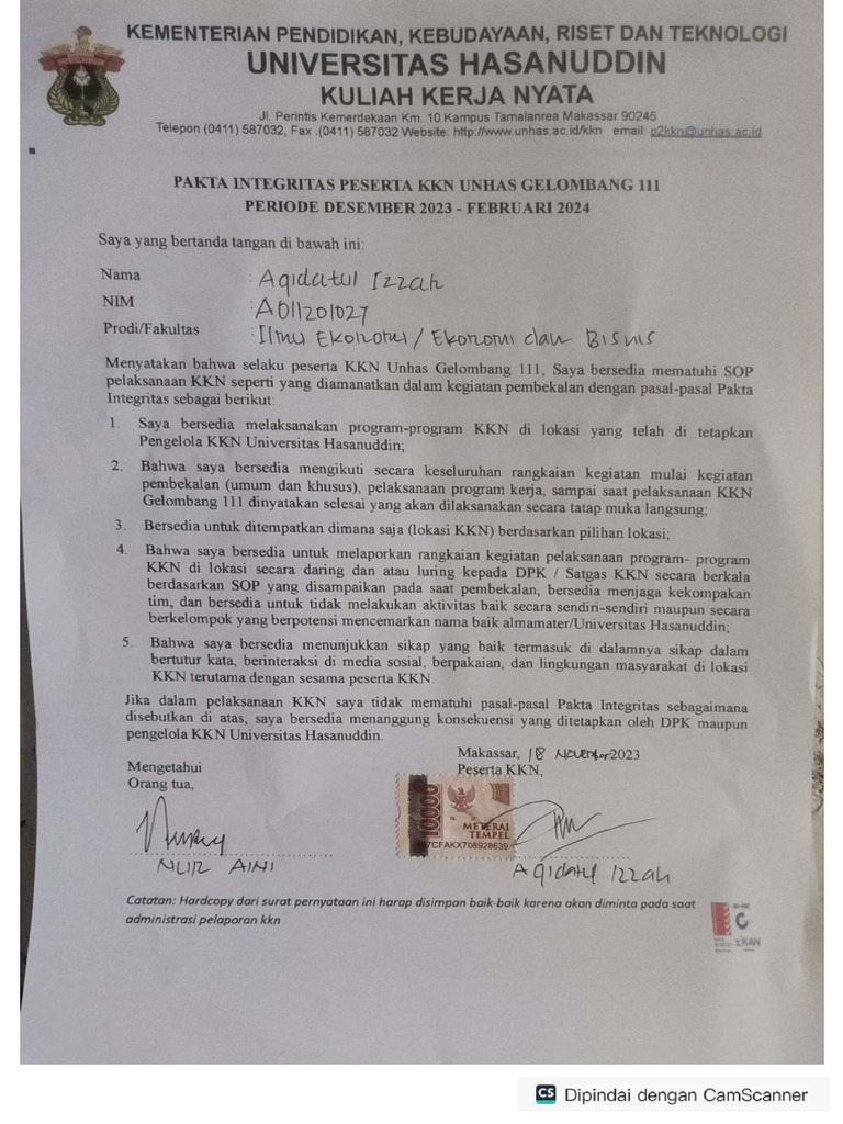Pakta Integritas KKN Unhas | PDF