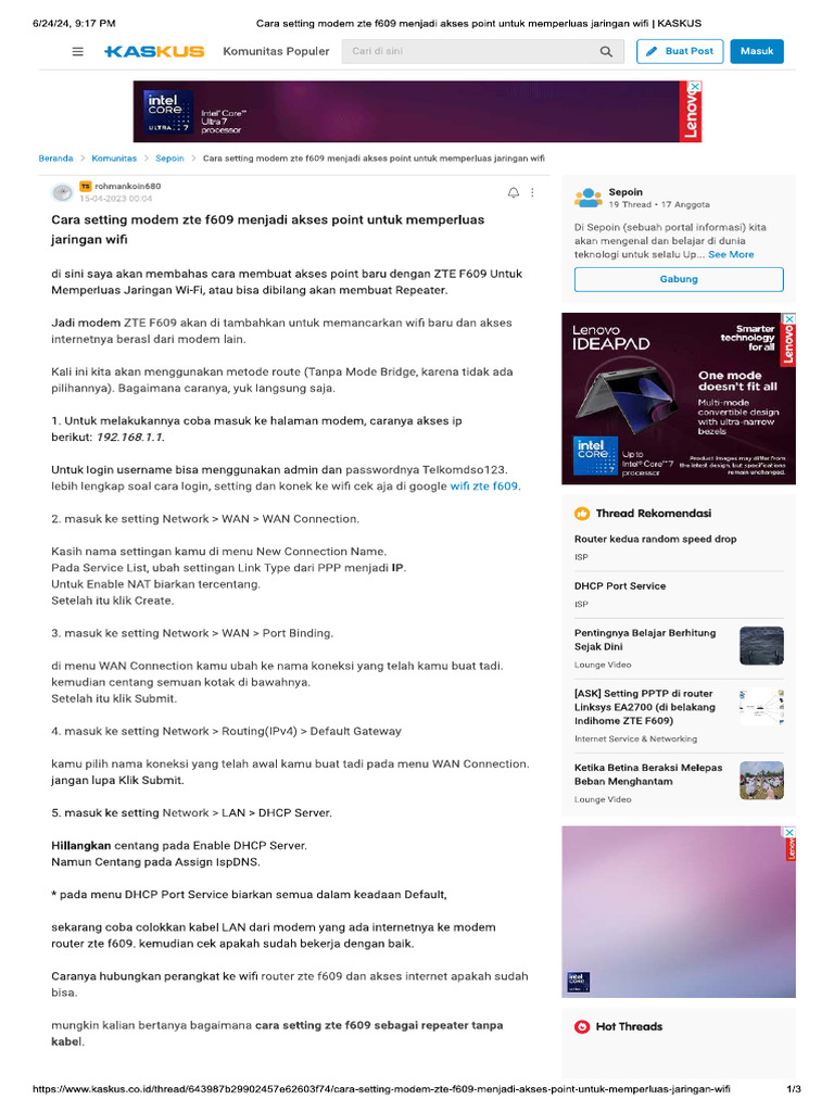 Cara Setting Modem ZTE F609 Untuk Memperluas Jaringan Wifi - KASKUS | PDF