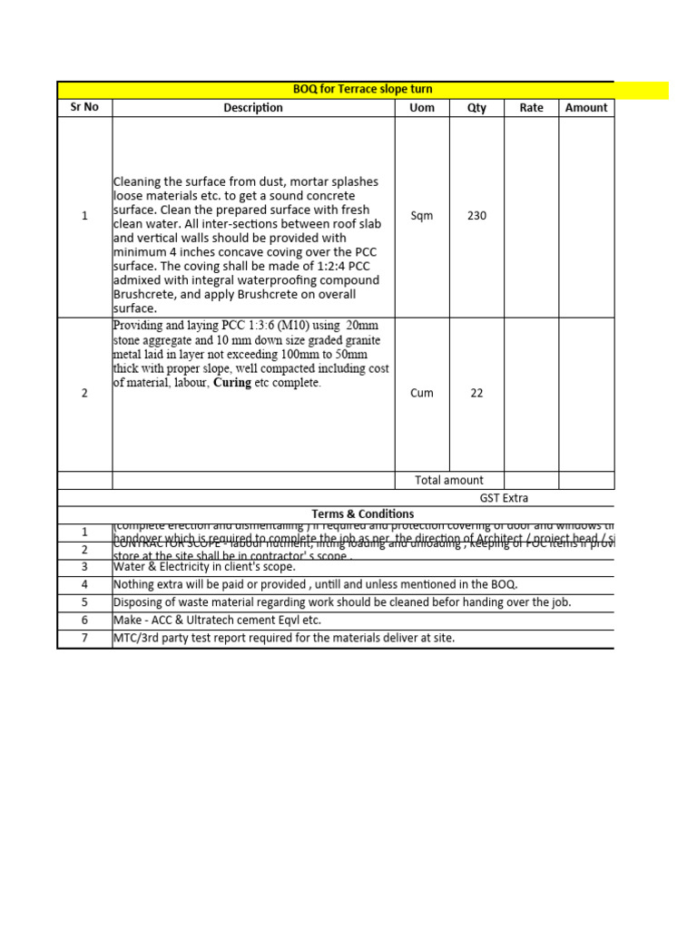 BOQ Terrace Slope Trun | PDF | Concrete | Structural Engineering