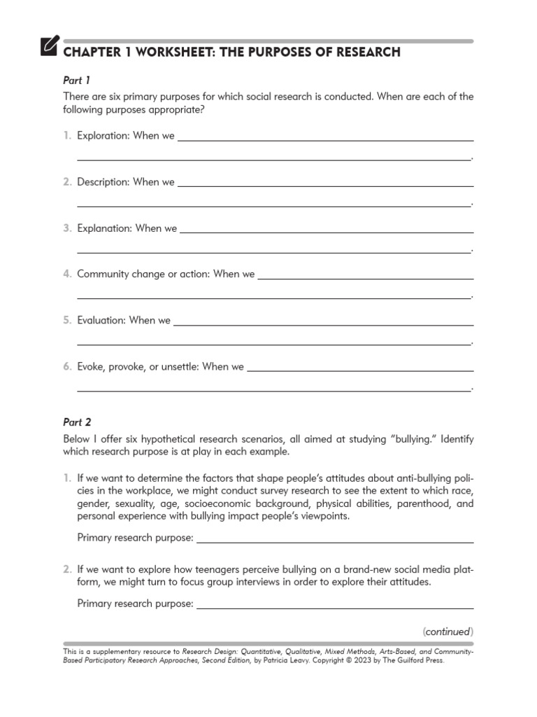 01 - Chapter 1 Worksheet - Purposes of Research | PDF | Bullying ...