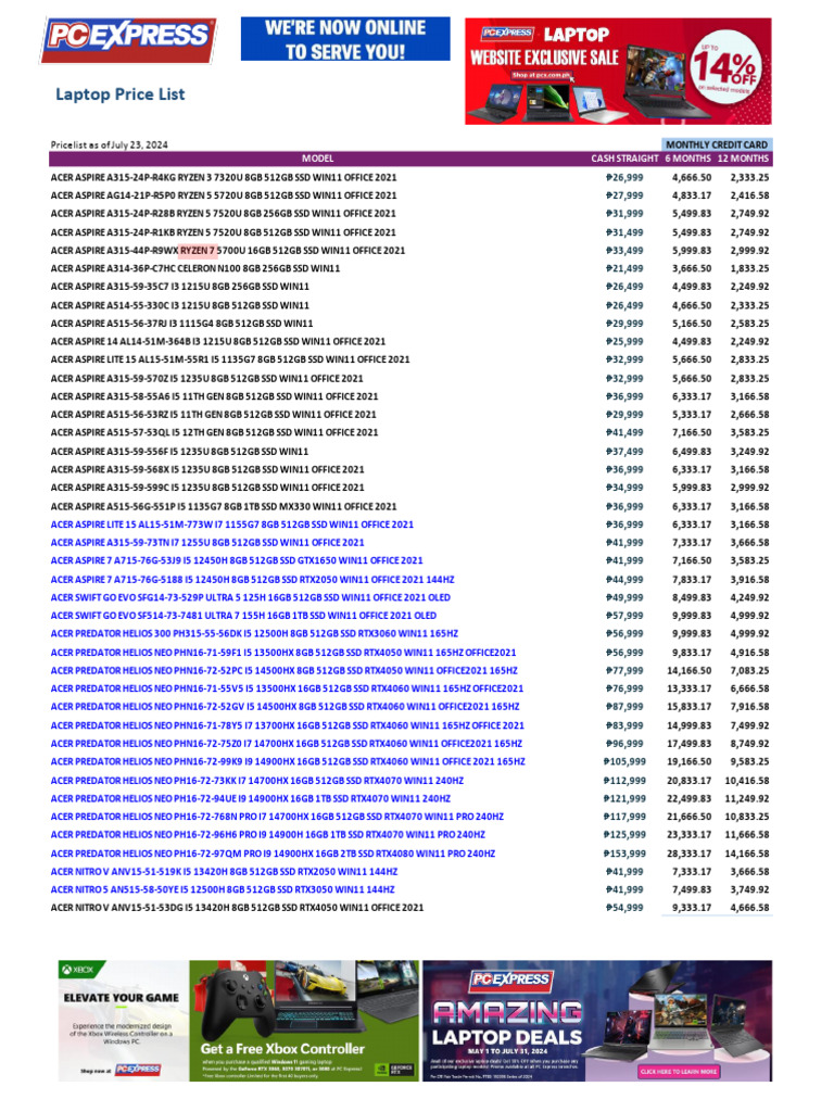 PC Express Laptop Pricelist | PDF | Computer Hardware | Personal Computers