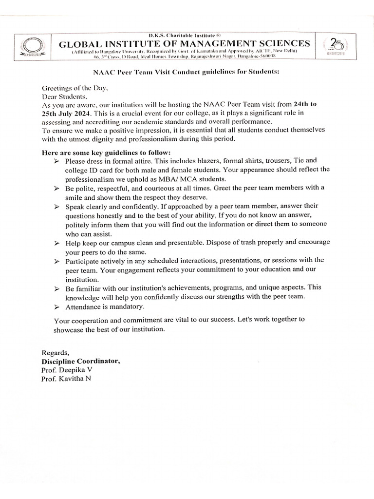 NAAC Peer Team Visit Conduct Guidelines For Students | PDF