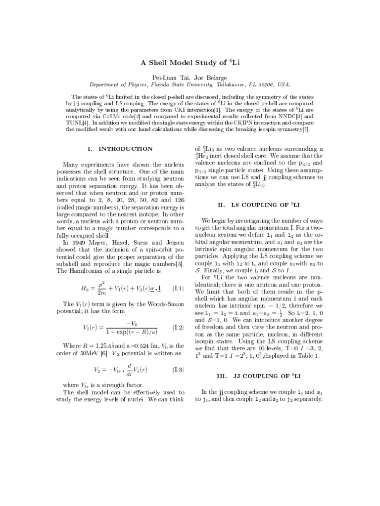 LS and JJ Coupling in 6Li States | PDF | Atomic Nucleus | Hamiltonian ...