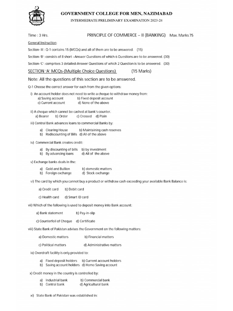 Xii Banking Prelim Paper 2024 | PDF