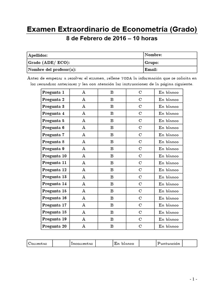Examen Econometría 2016: Preguntas y Respuestas | PDF | Valor P | Mínimos cuadrados ordinarios