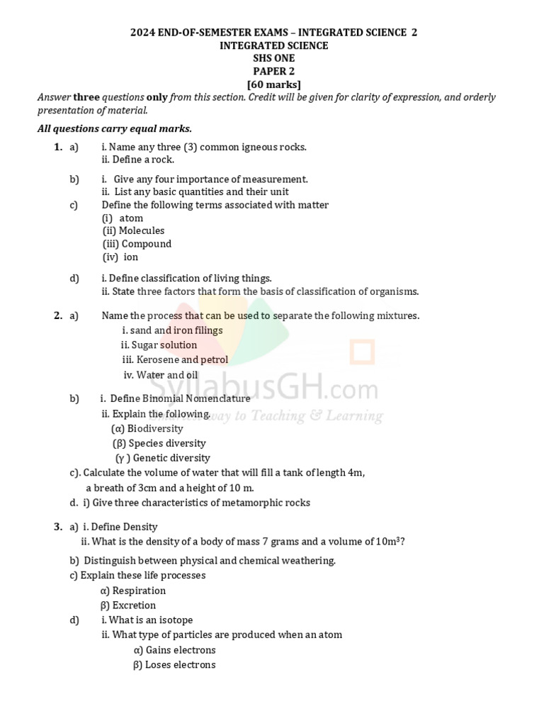 2024 End of Semester Integrated Science 2 | PDF | Atoms | Electron