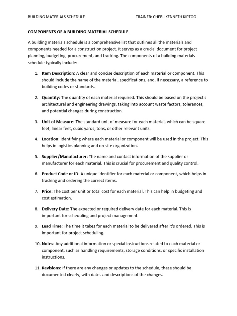 Building Materials Schedule Guide | PDF | Specification (Technical ...