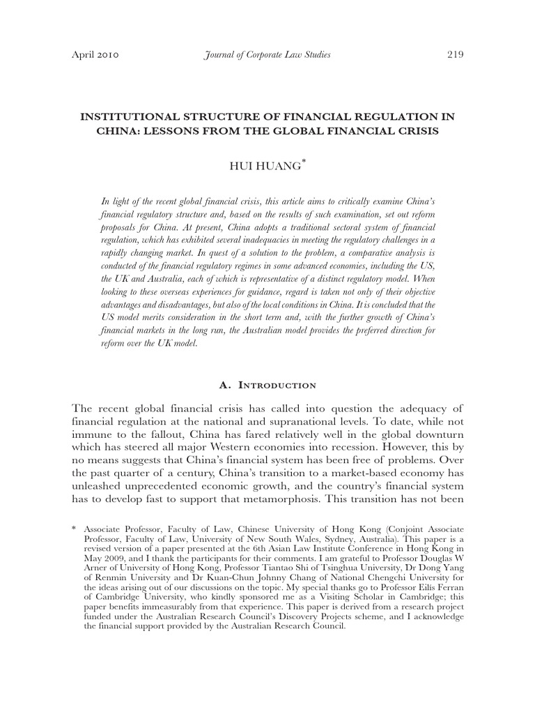 Institutional Structure of Fin Reg in China (JCLS) - Hui Huang | PDF | Banks | China