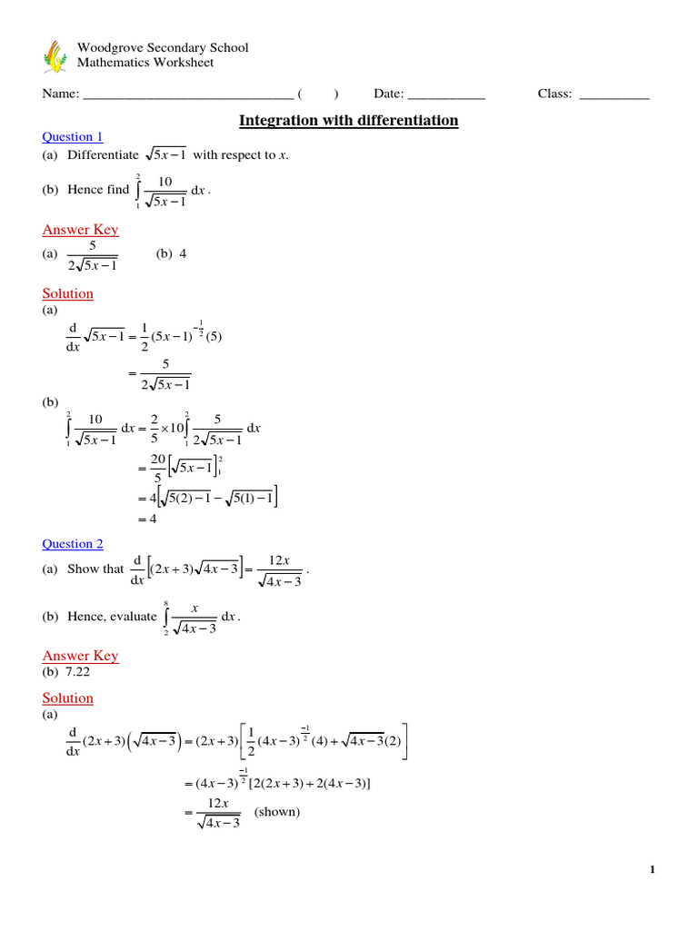 15d Worksheet Integration With Differentiation | PDF | Mathematical Analysis | Mathematics