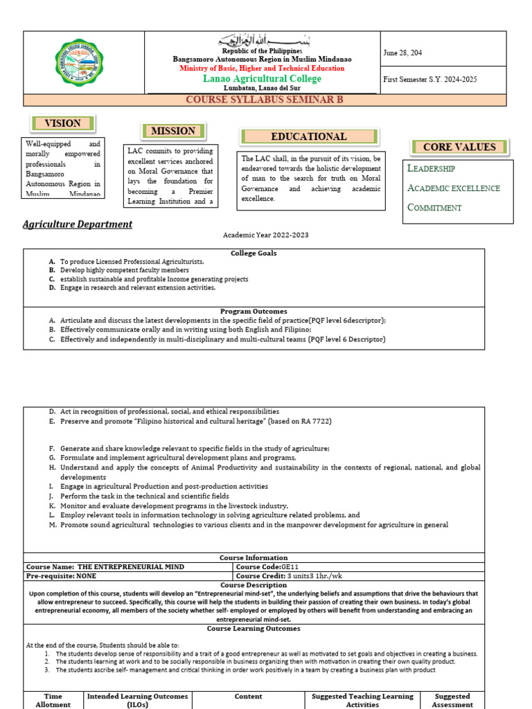 Syllabus in Ge11 The Entrepreneurial Mind | PDF | Entrepreneurship | Marketing