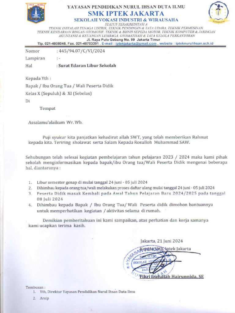 Surat Edaran Libur Sekolah Tahun Pelajaran 2023 - 2024 & Masuk Tahun Pelajaran 2024 - 2025 | PDF