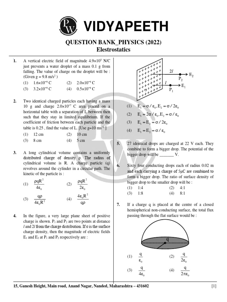 JEE Physics Question Bank 2022 | PDF | Sphere | Electric Field