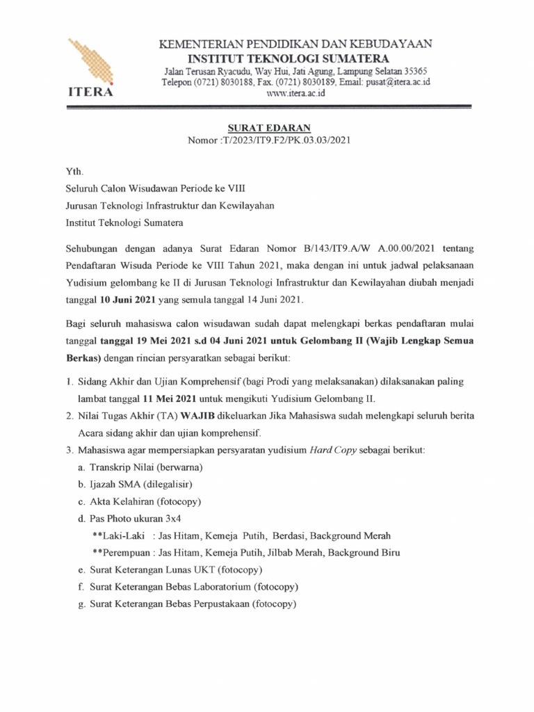 Surat Edaran Yudisium Gelombang Ii Jtik Periode Wisuda Juli 2021 | PDF