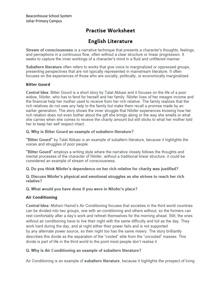 Practise Worksheet - Literature | PDF | Thought | Consciousness