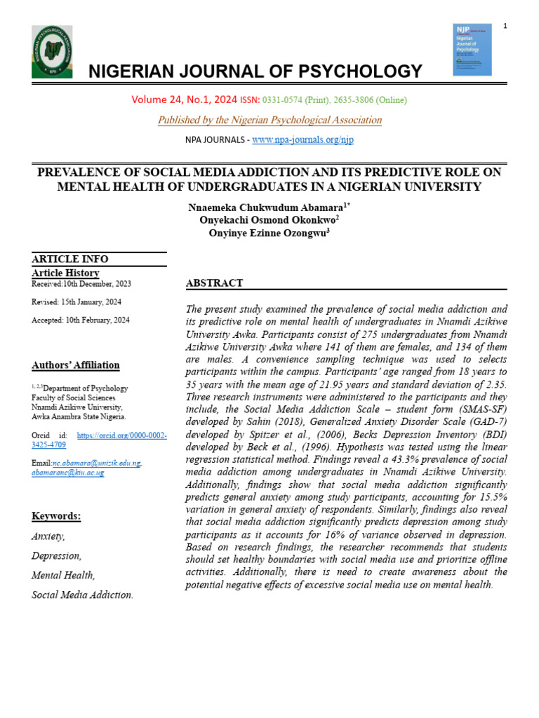 NJP 2024 Abamaranc PREVALENCE OF SOCIAL MEDIA ADDICTION 1 | PDF ...