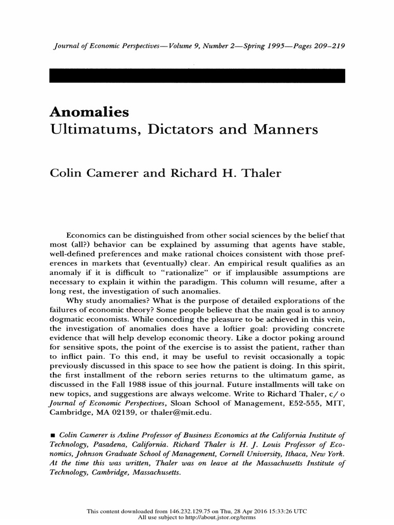 Camerer and Thaler (1996) Ultimatums, Dictators and Manners | PDF ...