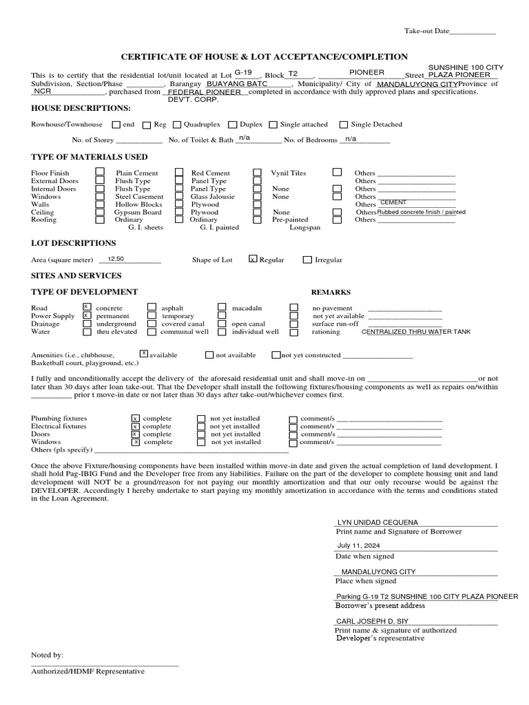Certificate of House & Lot Acceptance PARKING | PDF | Buildings And ...
