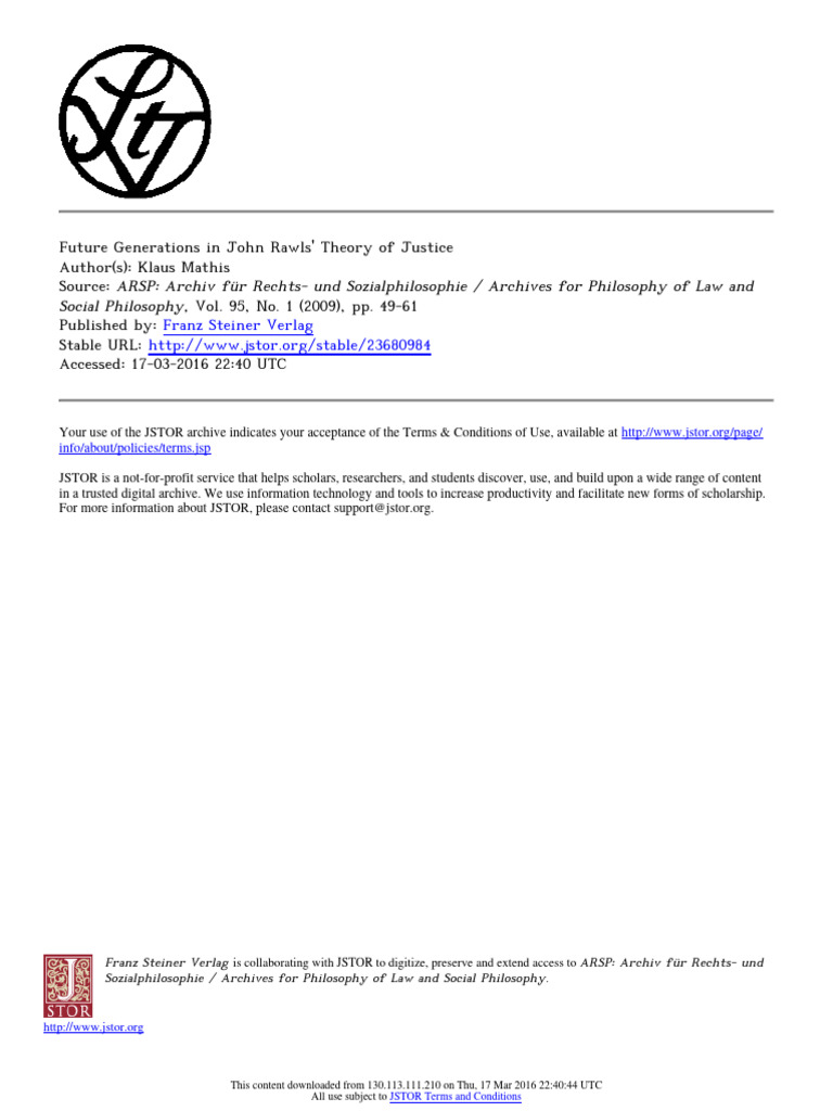 Future Generations in John Rawls' Theory of Justice | PDF | Justice ... Future Generations in John Rawls' Theory of Justice | PDF | Justice ...