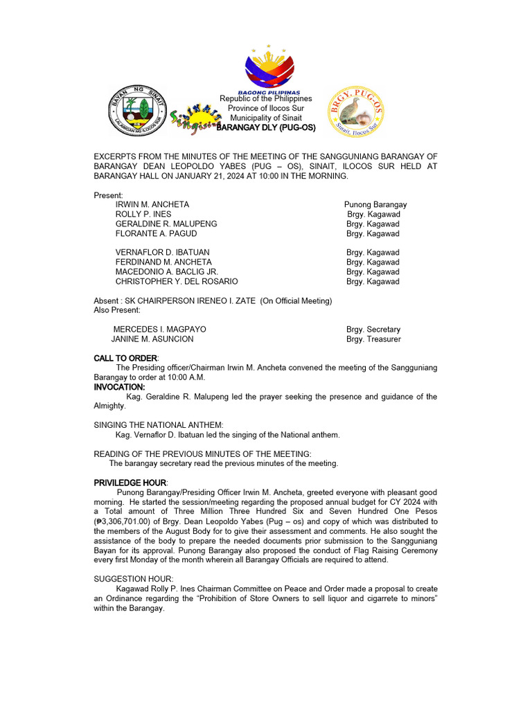Barangay Meeting Minutes - January 2024 | PDF | Technology & Engineering