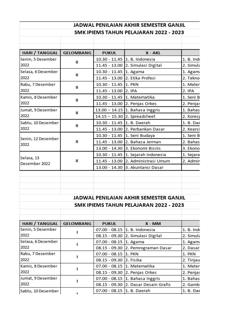Jadwal Pas Ganjil 2022-2023 | PDF