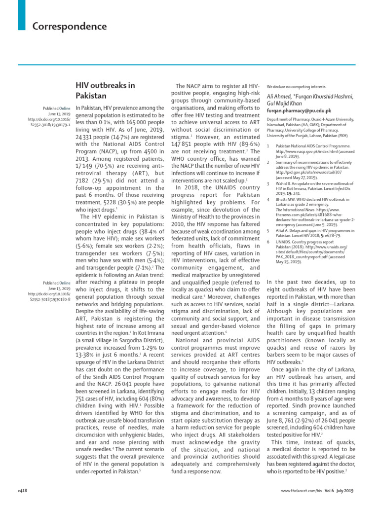 HIV Outbreak in Pak PIIS2352301819301791 | PDF | Hiv/Aids ...