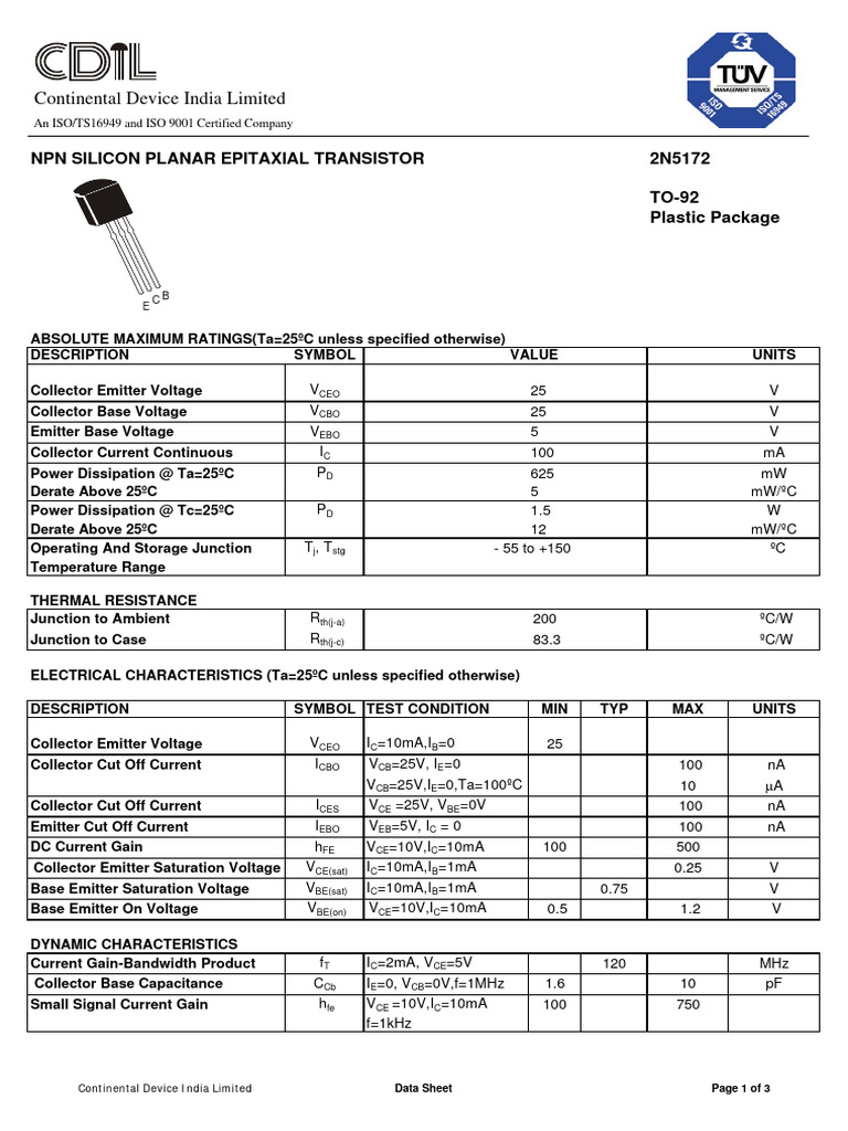 Cdil 2N5172 Datasheet - Retroamplis | PDF | Bipolar Junction Transistor | Electronics