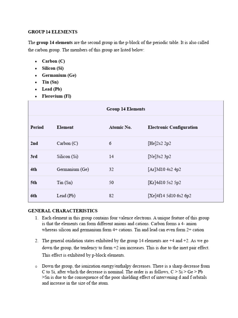 Overview of Group 14 Elements | PDF | Silicon | Germanium