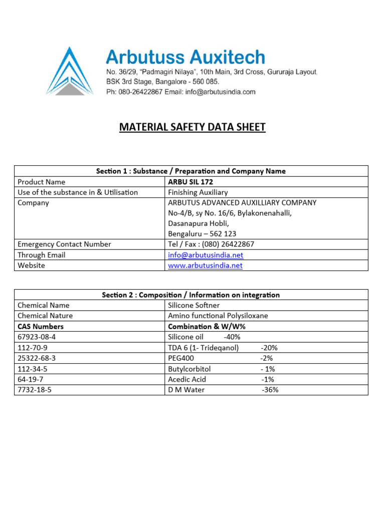 MSDS OF ARBU SIL 172 | PDF | Biodegradation | Water