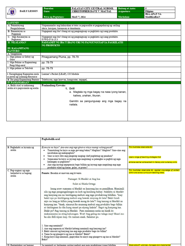 COT 4TH QUARTER FIL Uri NG Pangungusapdocx | PDF
