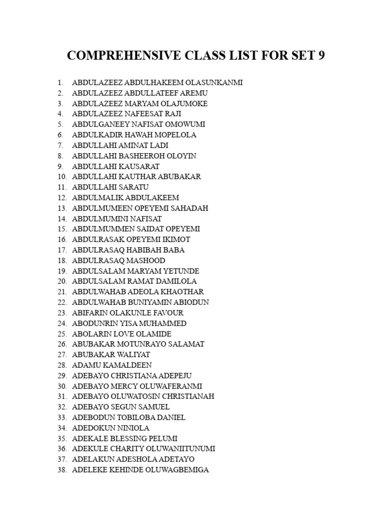 Comprehensive Class List for Set 9-1 | PDF