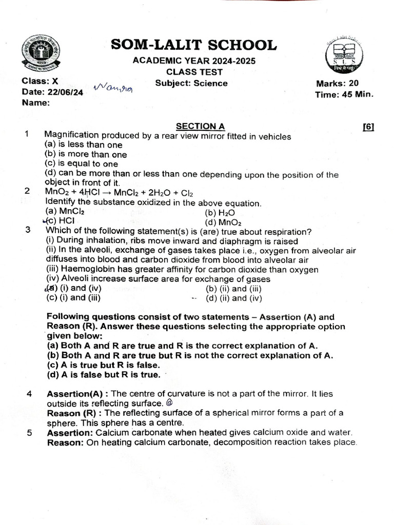 10C Som Lalit Science Question Paper | PDF